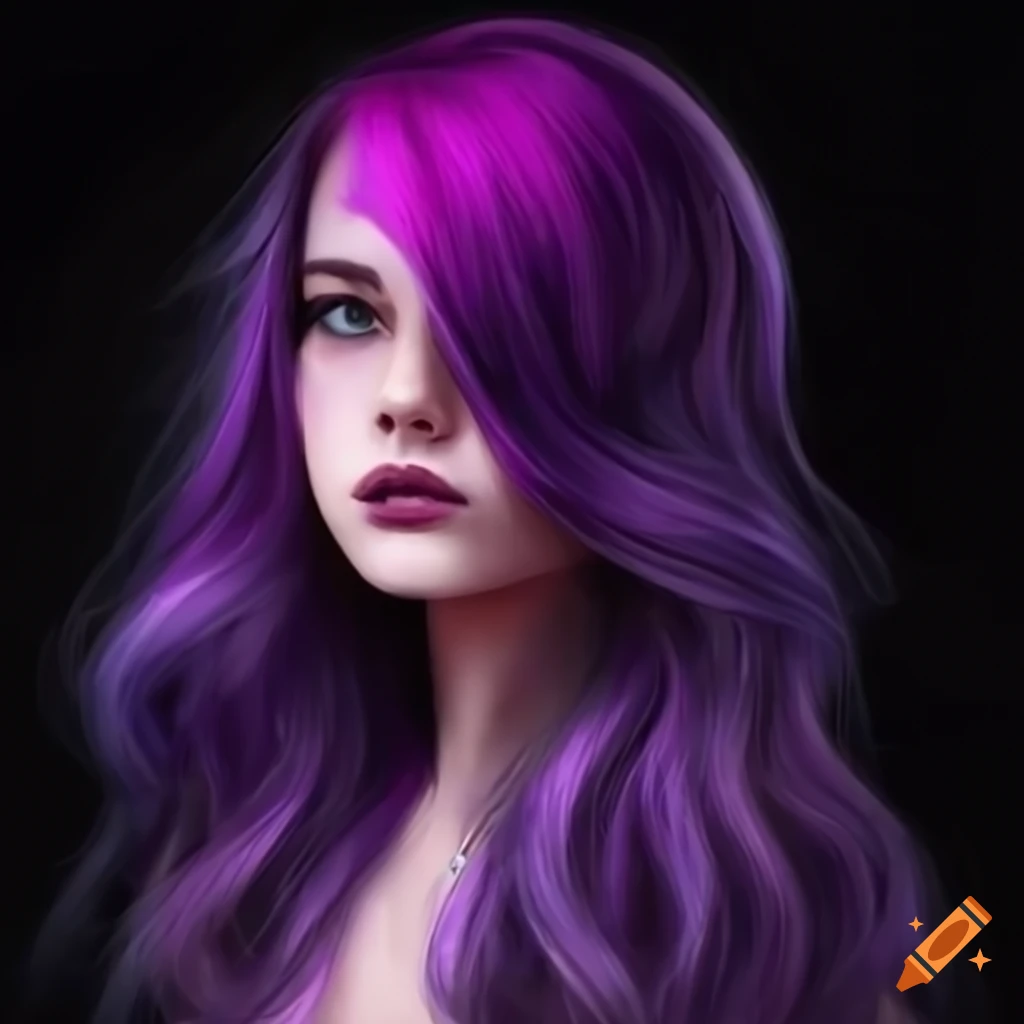 Jeune Fille Aux Longs Cheveux Violets Et Aux Yeux Bleus Verts Elle A