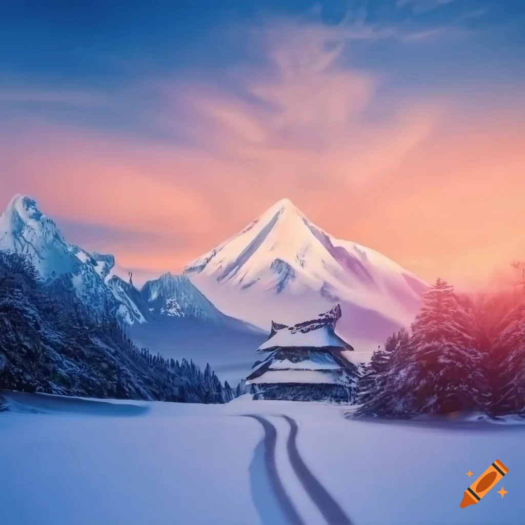 A dirt track with snowy mountains in the background mixed with a ...