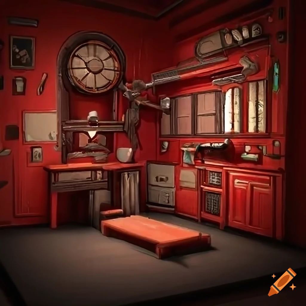 Red workshop tool room, sight from above like a room in cluedo game on ...