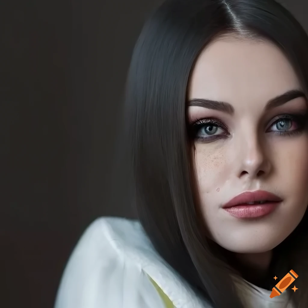 Potrait russian young woman, white dress, black stockings, matte black ...