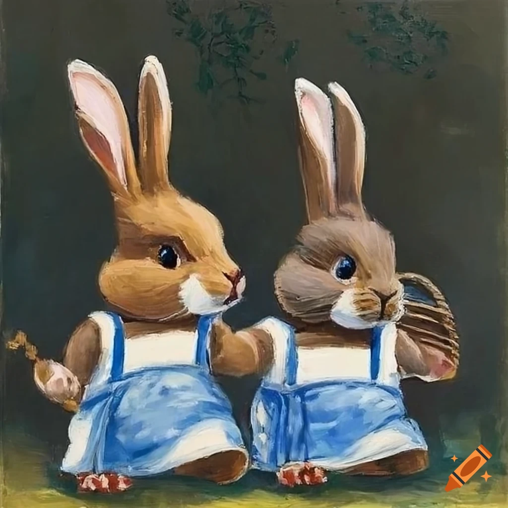 Classic painting of 2 brown rabbits with white spots wearing overalls ...