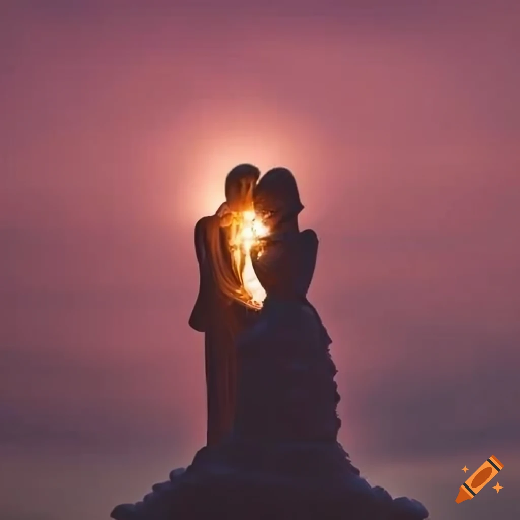 Bride and groom cake decorations against a pink candy floss sky. Back ...
