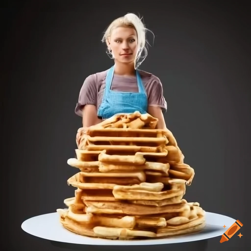 A blonde woman making waffles, standing next to a large pile of waffles on Craiyon