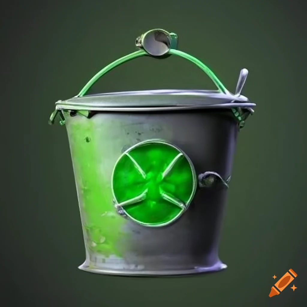 A gray bucket made out of metal with green toxic inside of on Craiyon