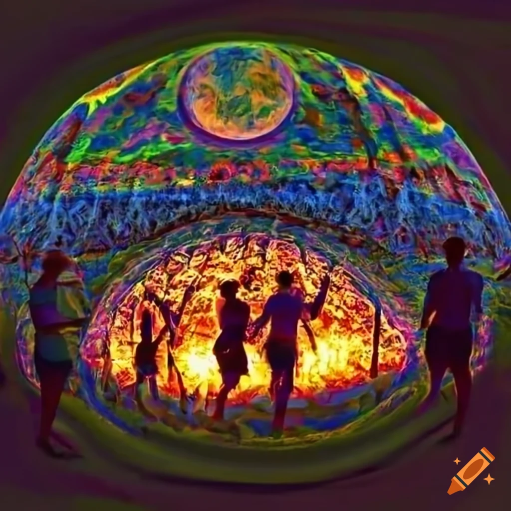 A psychedelic image of a vibrant light dome surrounding a group of ...