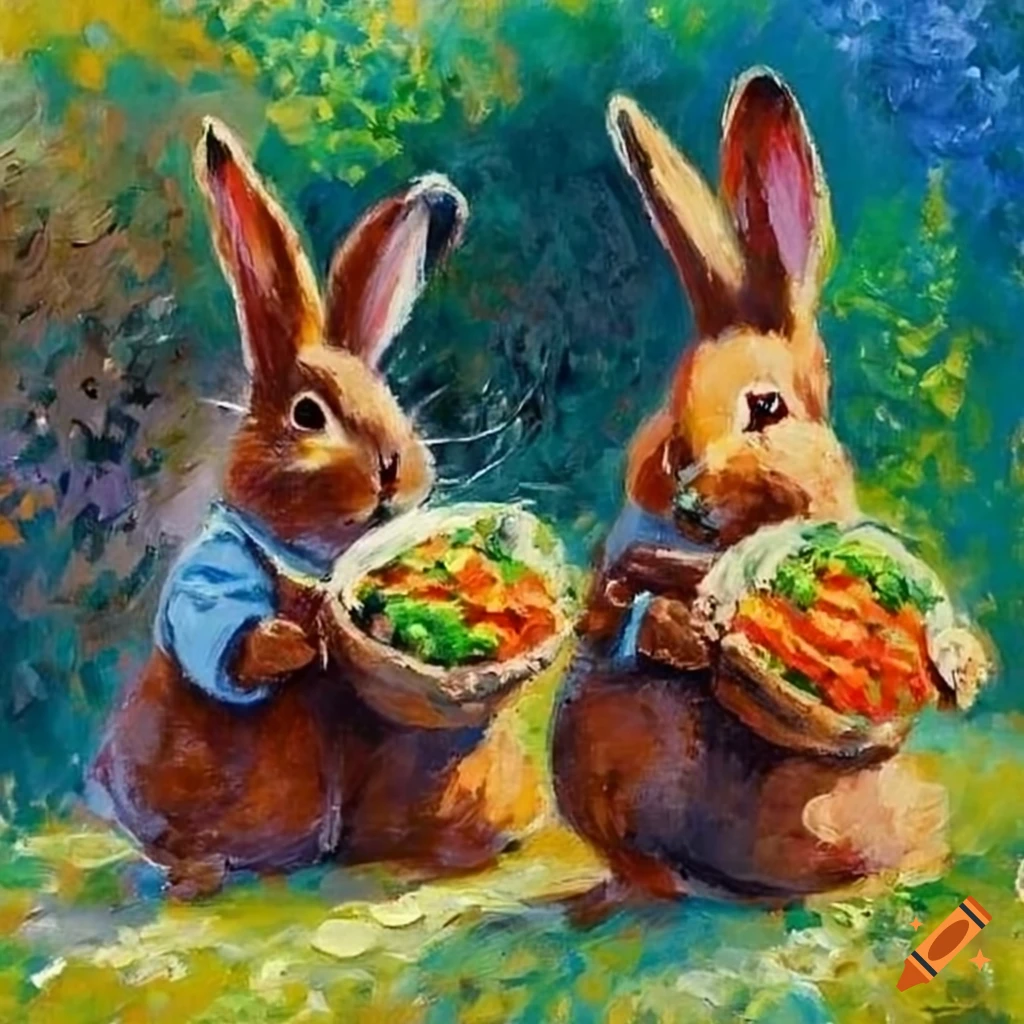 Classic painting of 2 brown rabbits with white spots wearing overalls ...