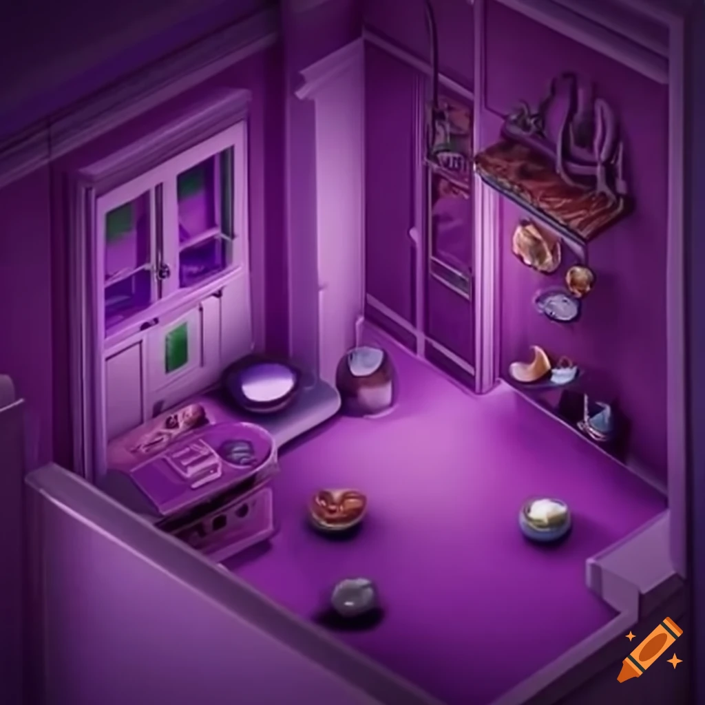 Purple kitchen, sight from above like a room in a cluedo game