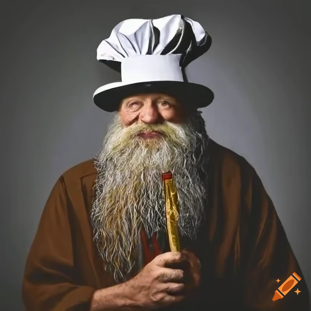 Portrait of a baker wizard wearing a chef wizard hat, middle aged man ...