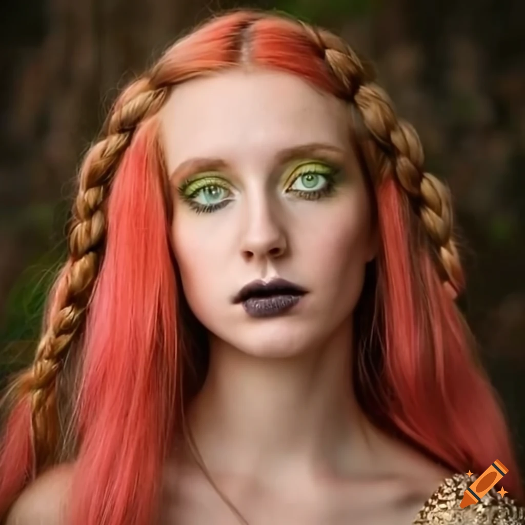 A pretty witch girl with green eyes and strawberry blonde hair, styled ...