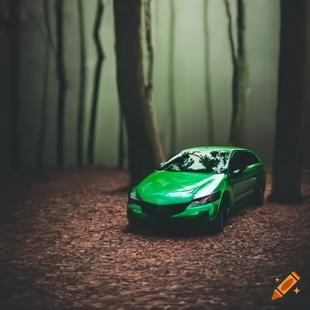 Photograph of a green lamborgini parked in a moody forest