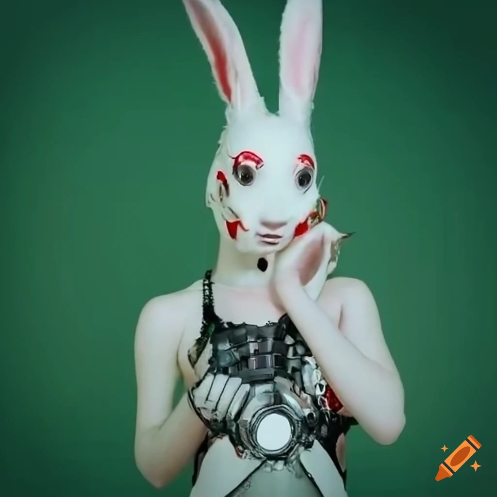 Posing cyborg white rabbit wearing punk fashion. green background