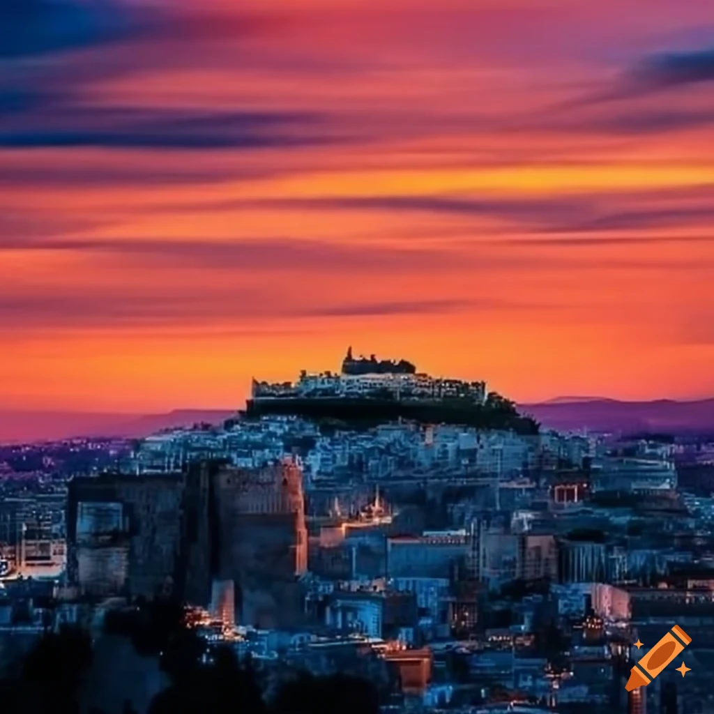 Athens skyline spectacular glowing sunset sky on Craiyon