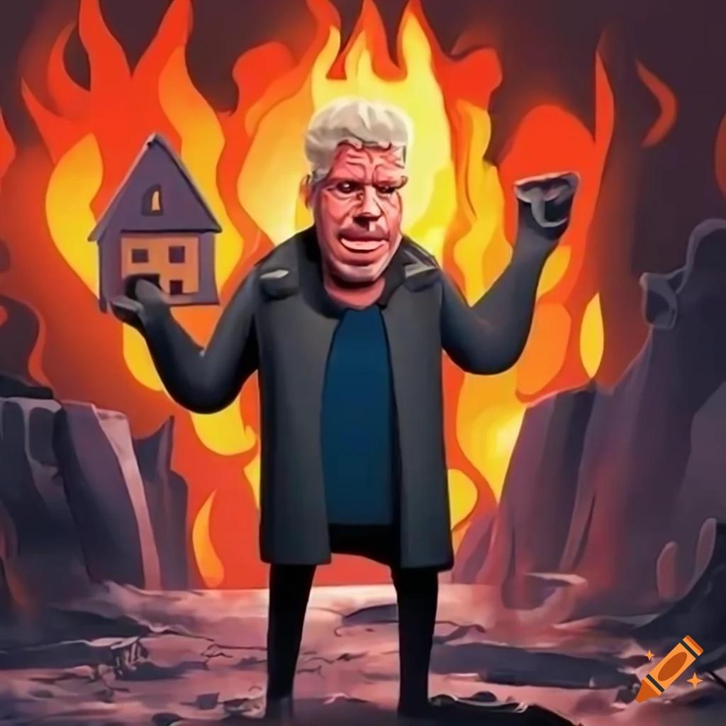 Ron perlman with a cartoon house on fire in the background on Craiyon