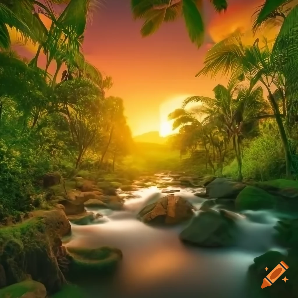 Golden hour in a vast jungle landscape with a river hdr