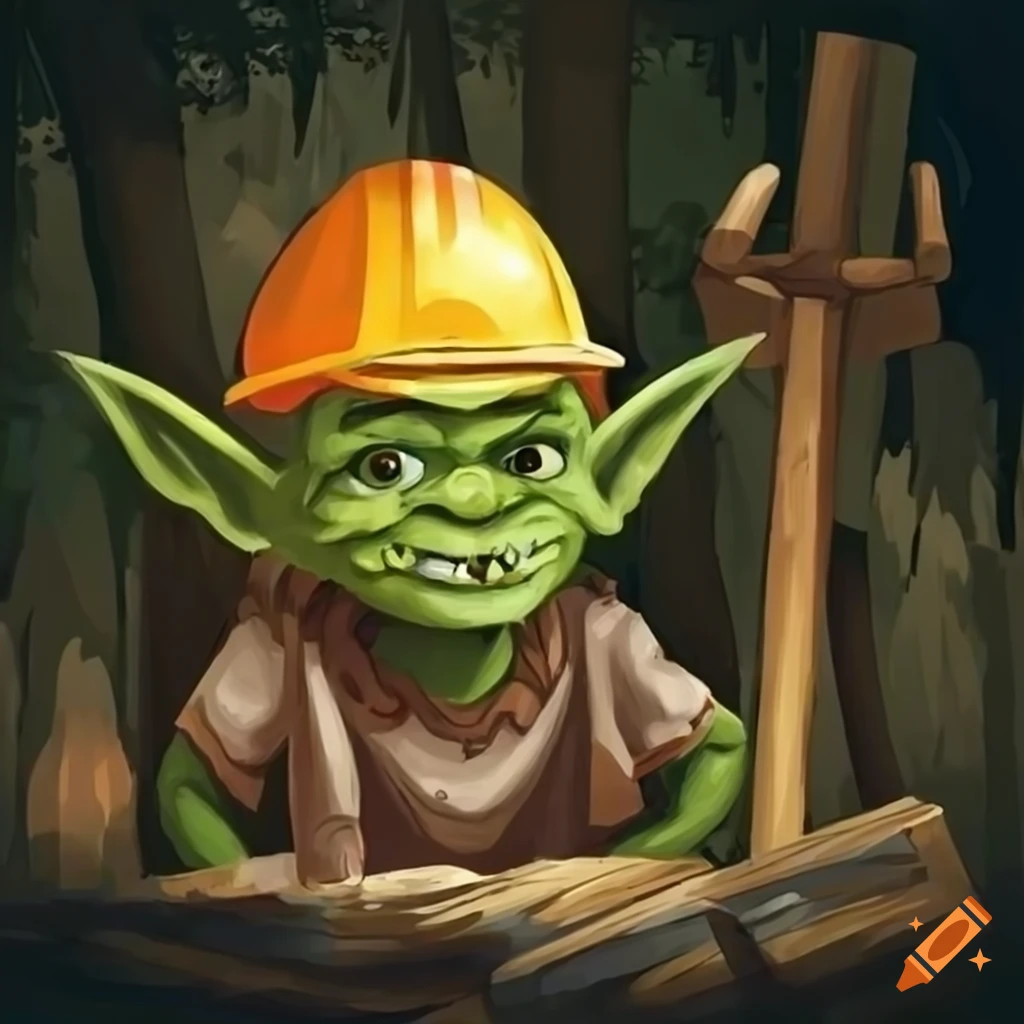 A fantasy painting of a group of cartoon goblins wearing hard hats next ...