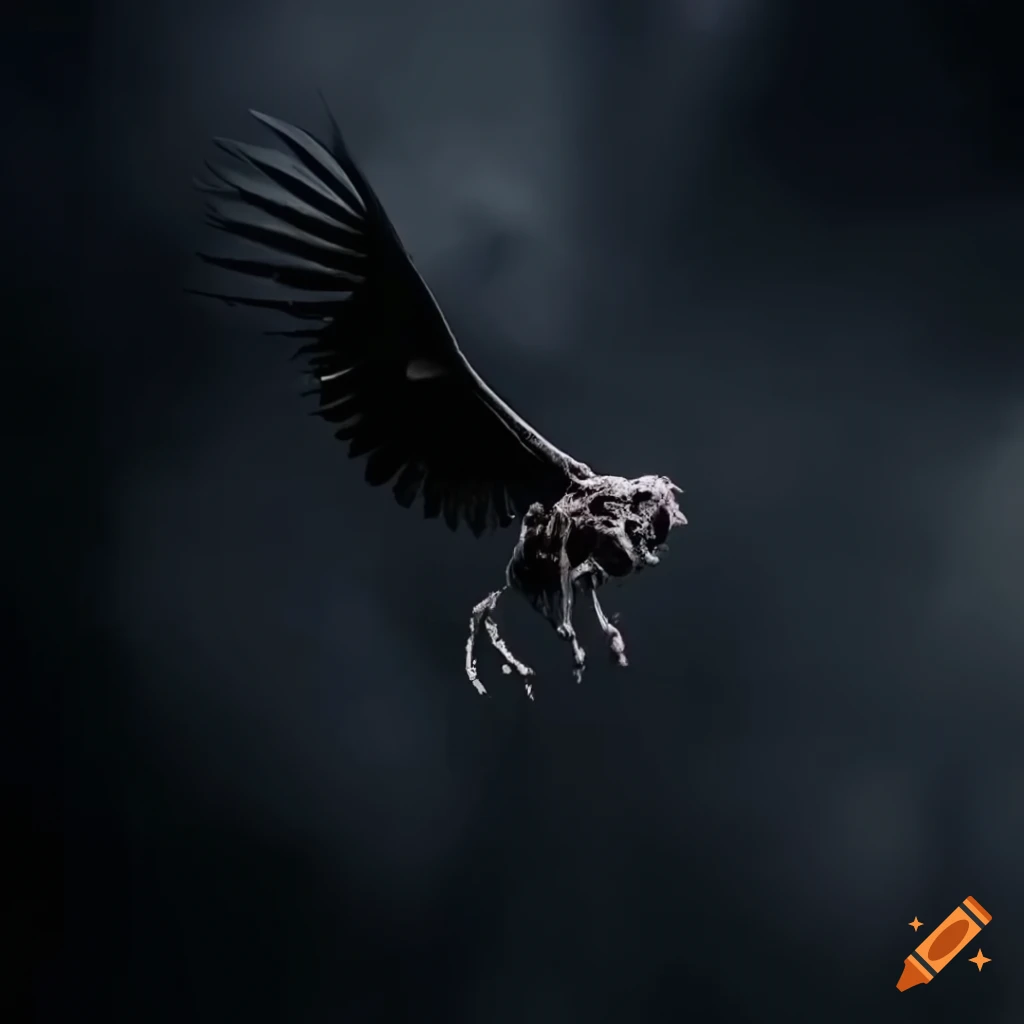 A black skeletal creature with flowing limbs flying majestically ...
