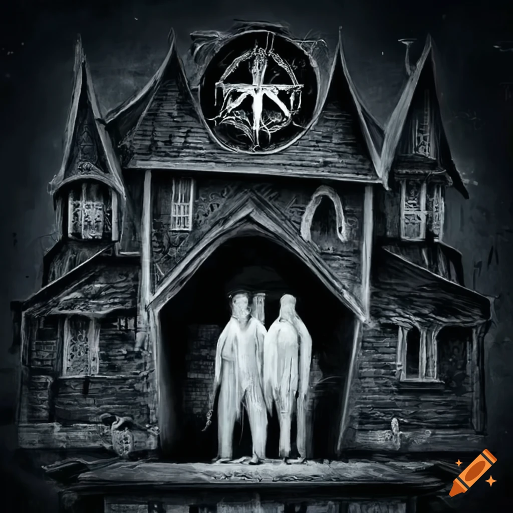Opus eponymous standing in front of a haunted house with occult symbols ...