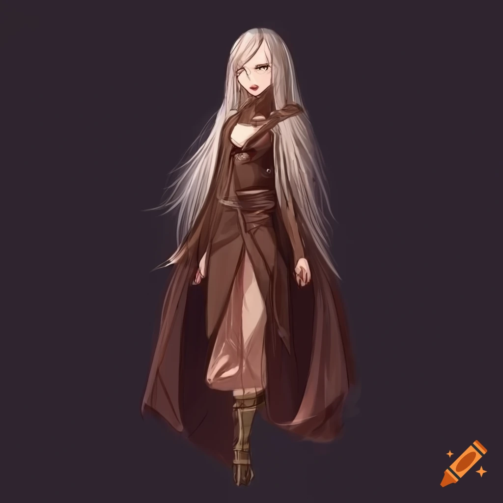 A girl with long hair wearing wanderer's clothes at full height
