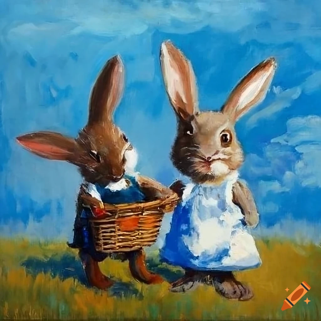 Classic painting of 2 brown rabbits with white spots wearing overalls ...