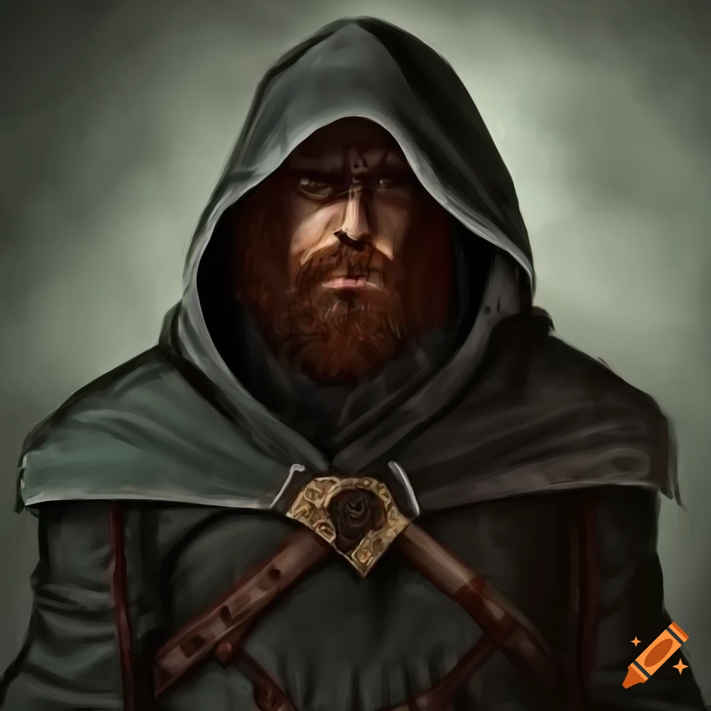 Hooded bearded human male rogue portrait in the style of baldur's gate ...