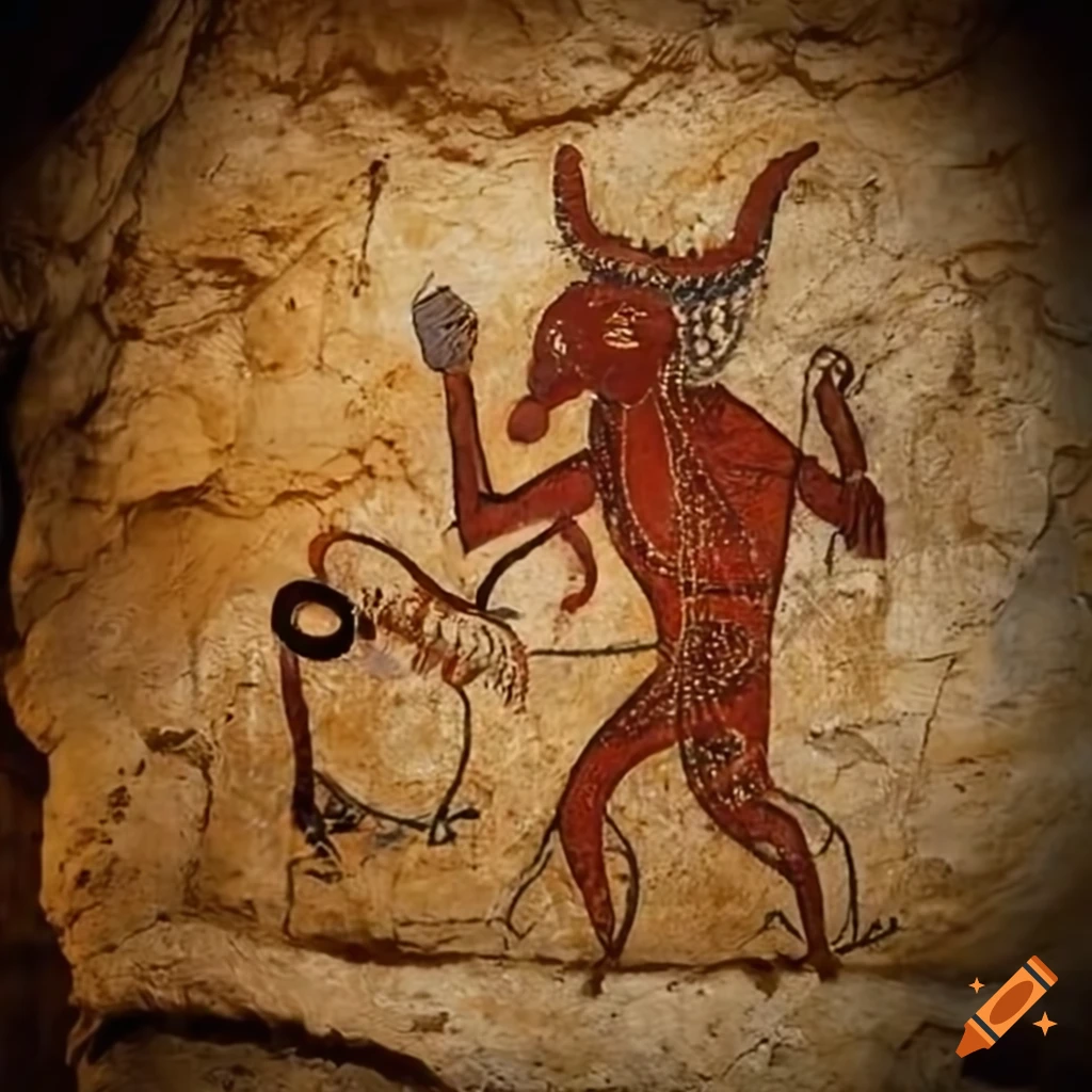 Ancient cave art of a mythical creature playing music