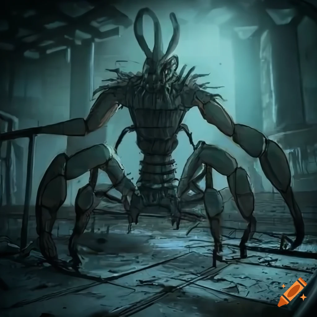 Giant scorpion monster, drider, radioactive and glowing, abandoned ...