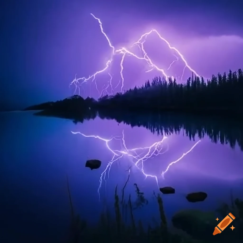 Lightning crashes across the sky with mountains and a small lake on Craiyon