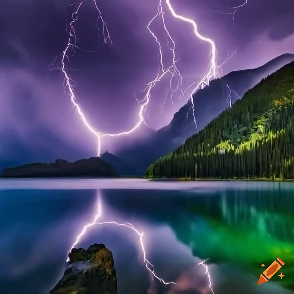 Dramatic lightning storm illuminating mountains and a serene lake below ...