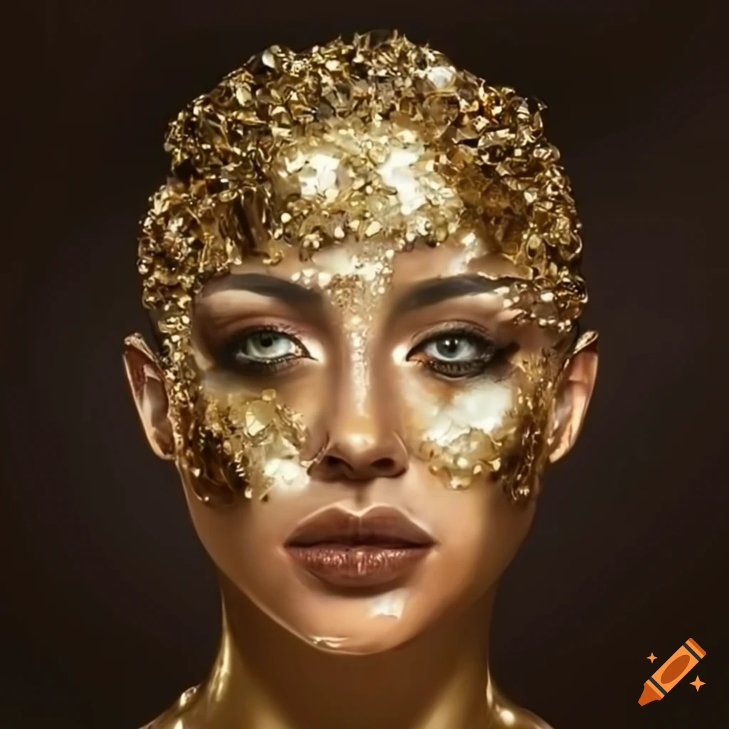 Collage of a woman's face in gold and bronze with diamonds hyperrealistic
