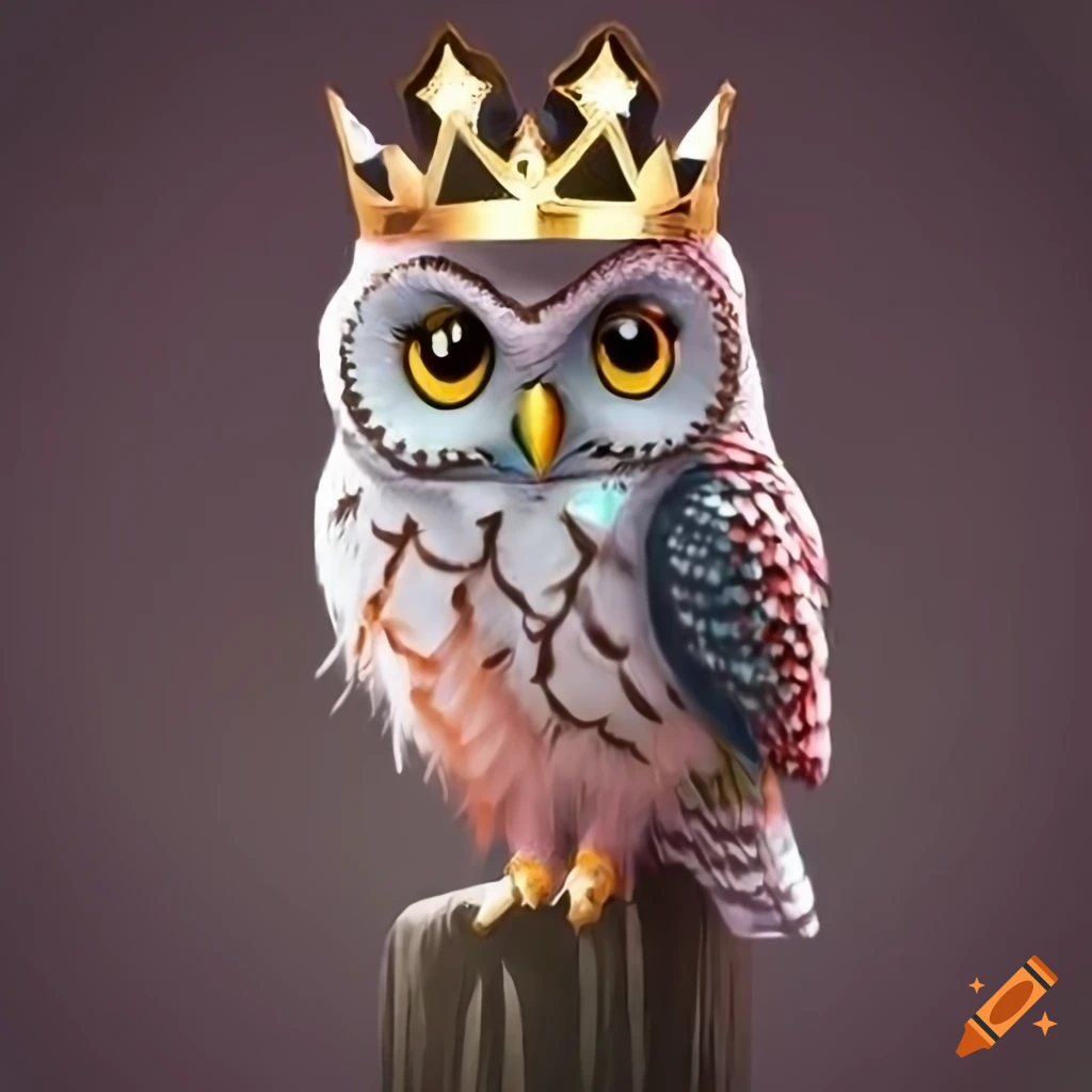 Cute owl, wearing a queen crown, black nackground on Craiyon