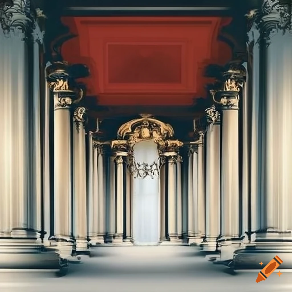 Elegant banners hanging between classic columns on Craiyon