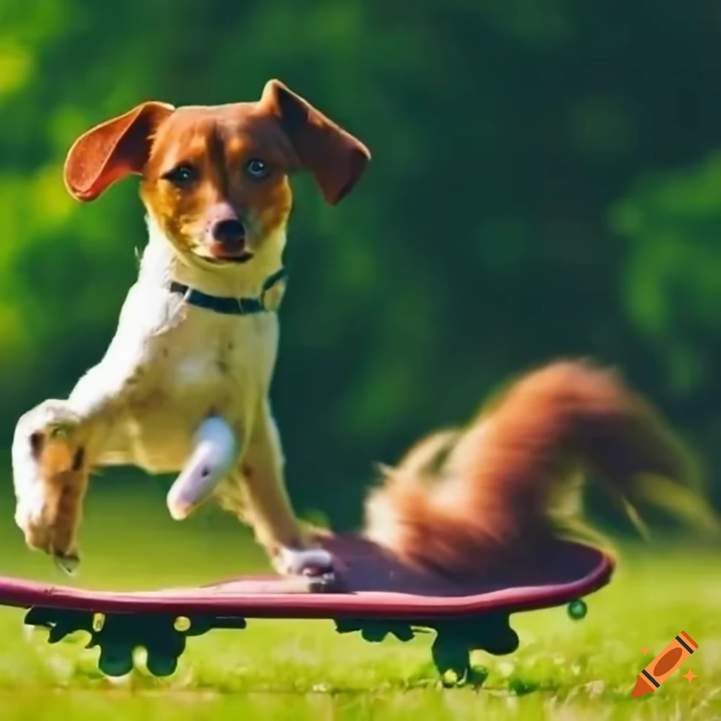 A dog skateboarding in the park