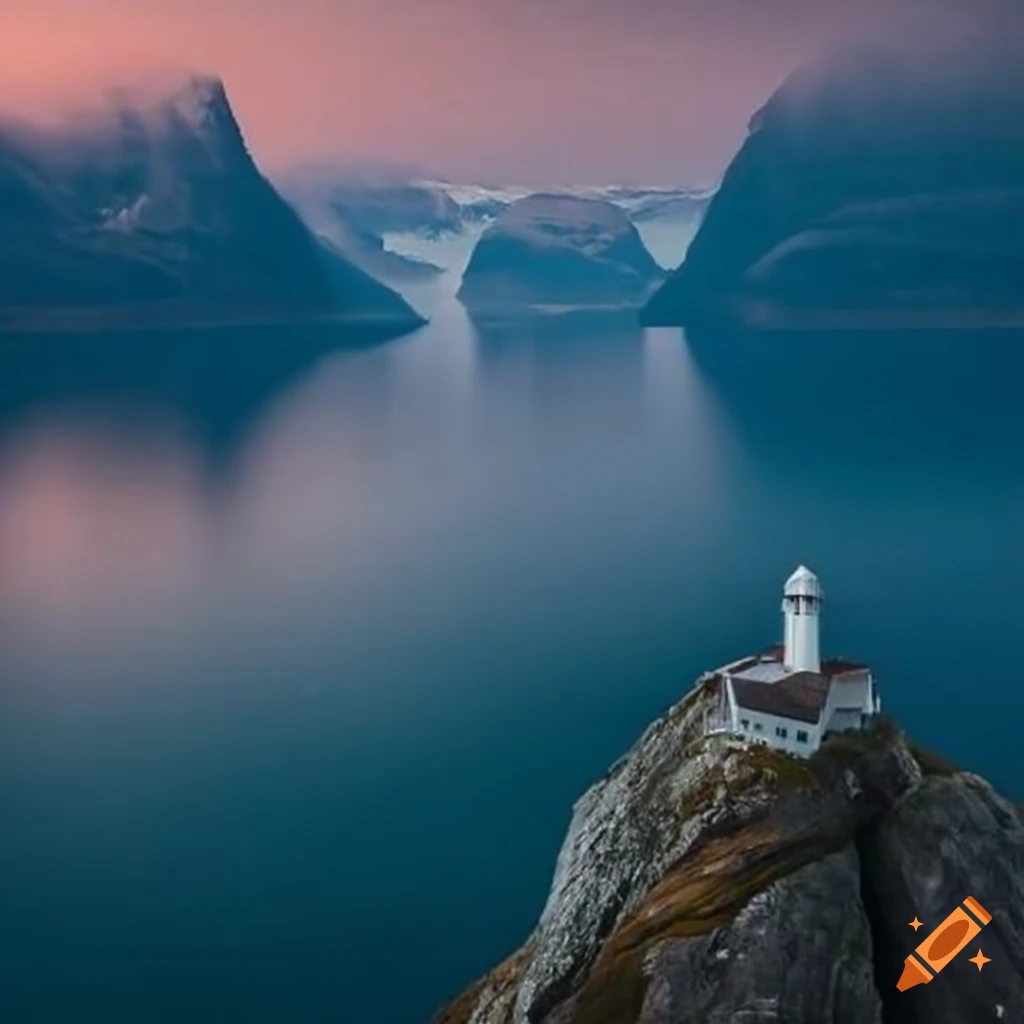 Lighthouse on a cliff in a norwegian fjord