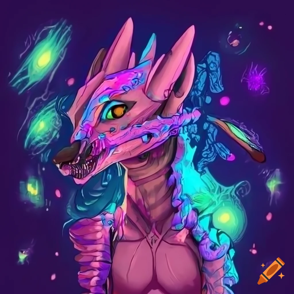 A drawing of a dragon fursona with a gamer aesthetic, dreamy colorful cyberpunk colors, dragon ...