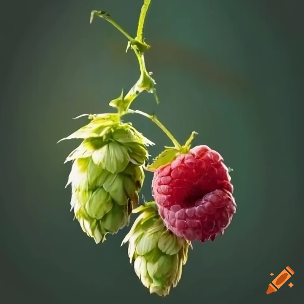 Vine of hops with raspberries