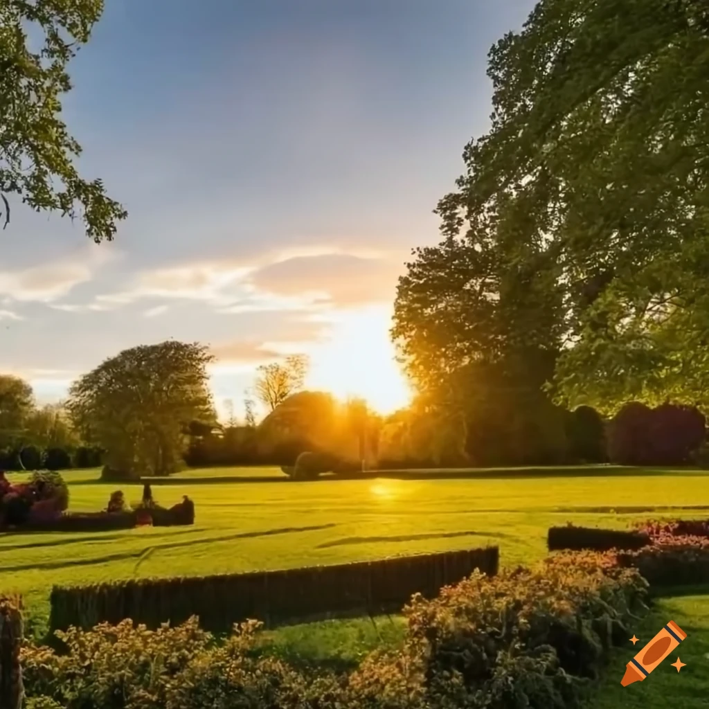 Gardens in knighton park, leicester, england with at sunset on Craiyon