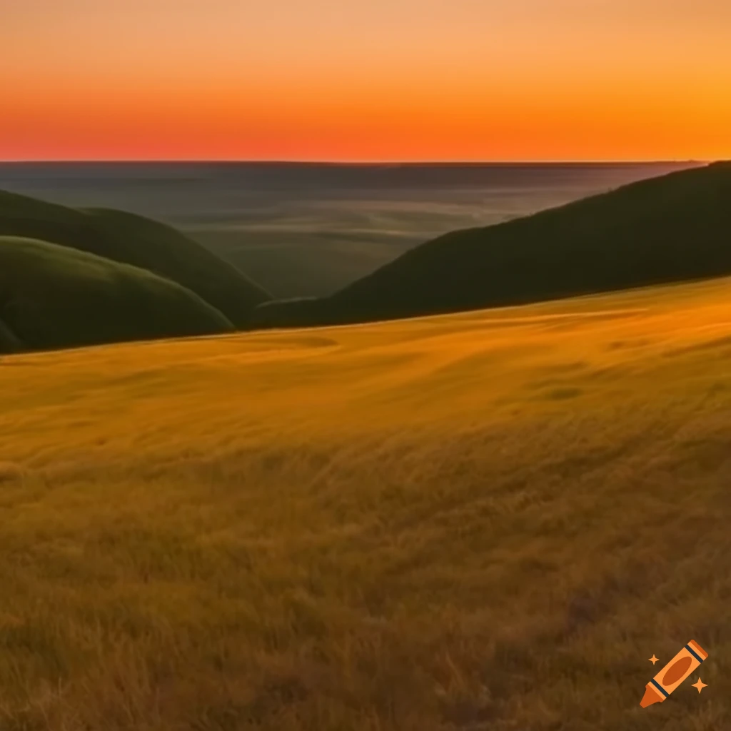 Hilly grass fields at dusk orange on Craiyon