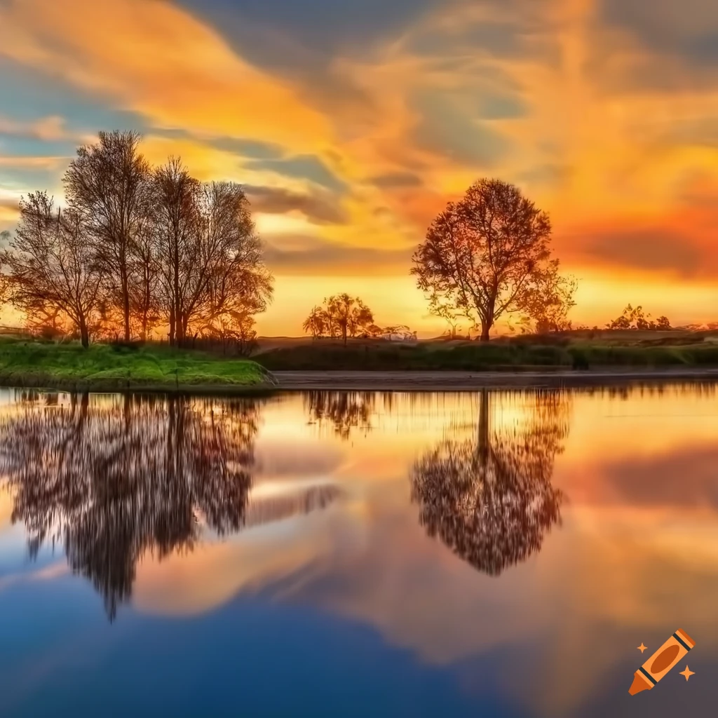 Golden hour in a vast alien landscape with a river hdr