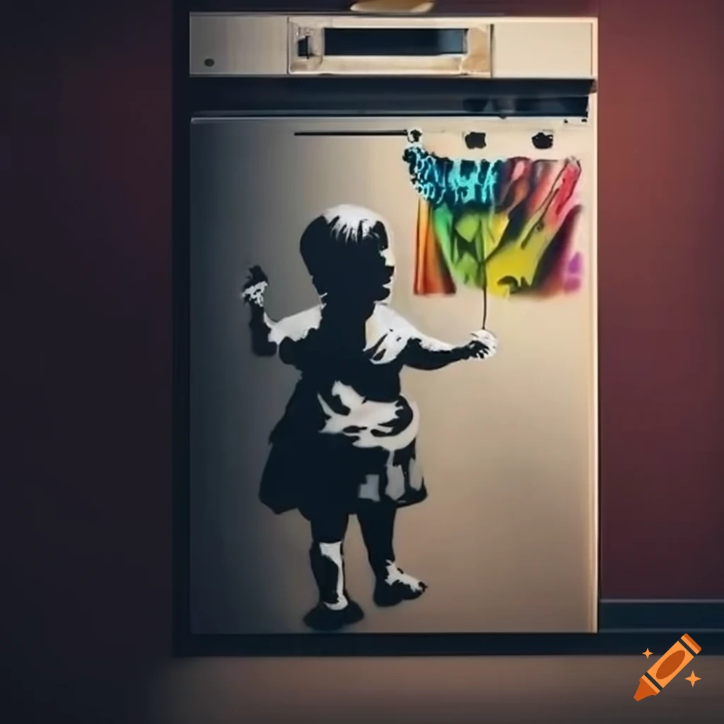 Commercial dishwasher with banksy graffiti art on it, realistic on Craiyon