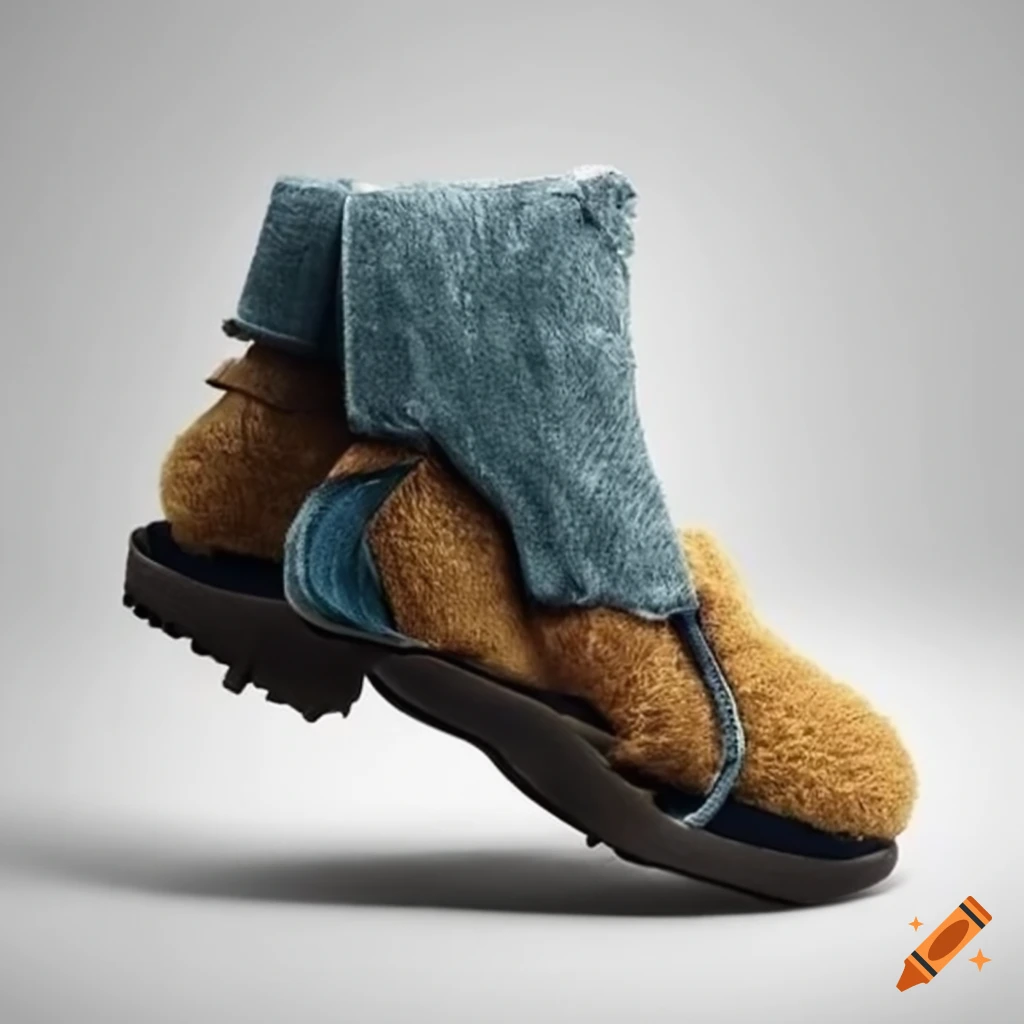 Deconstructed winter footwear made from fabric manipulations