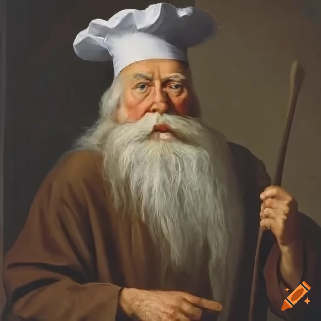 Portrait of a baker wizard wearing a chef wizard hat, middle aged man ...
