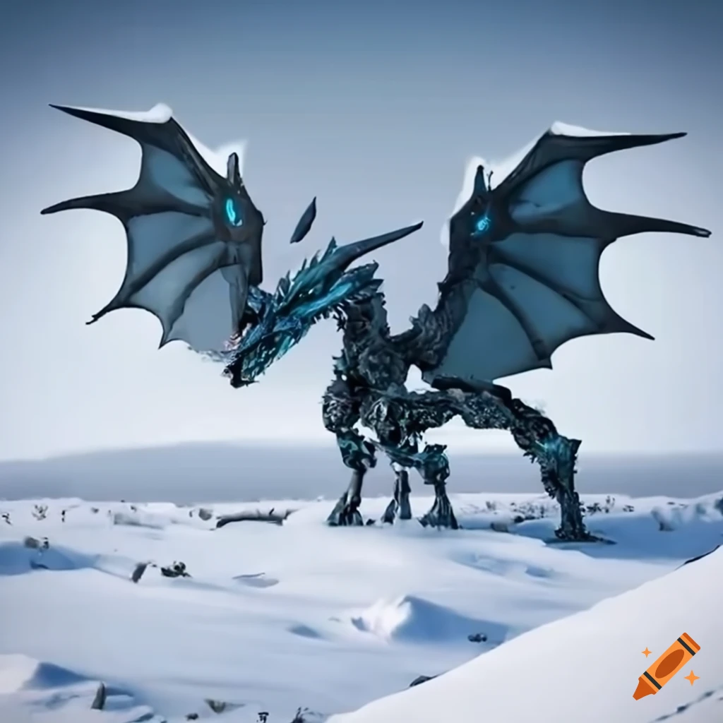 A futuristic robotic dragon soaring through a snowy landscape