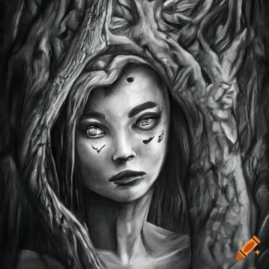 Pencil drawing dryad in forest