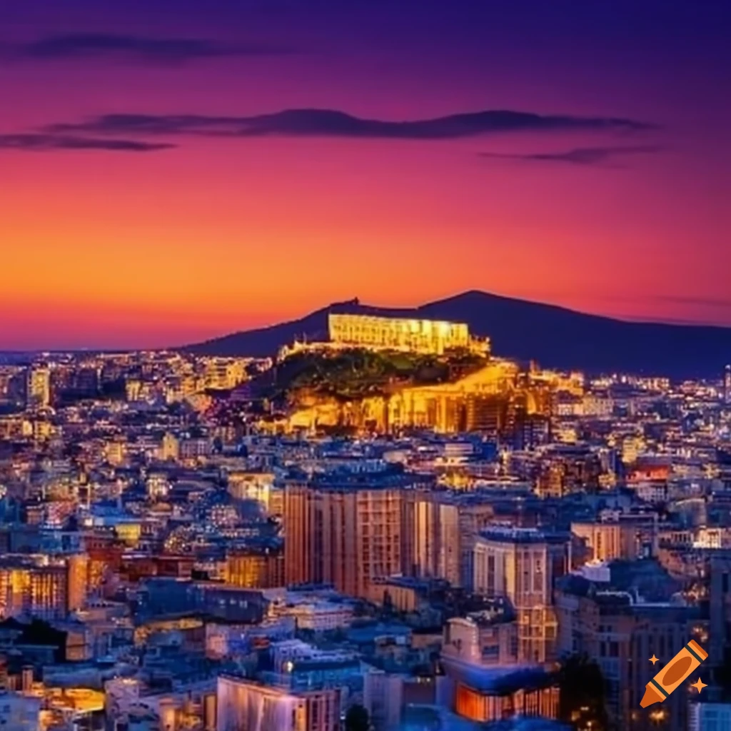 Athens skyline spectacular glowing sunset sky on Craiyon