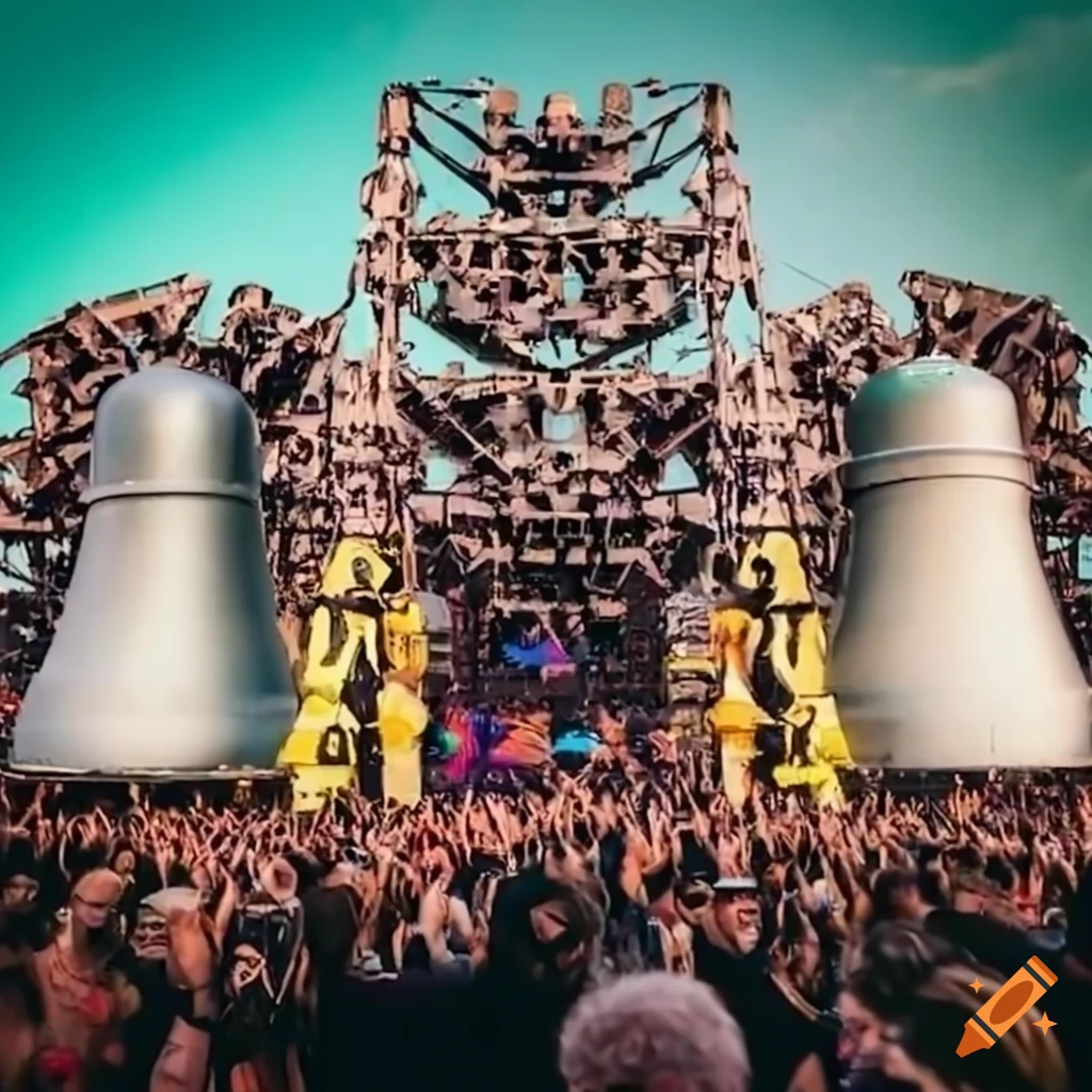 A massive music festival stage featuring a unique sound system made up ...