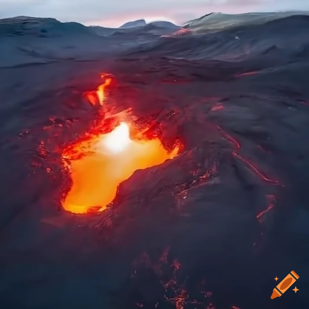 Drone shot of a volcano erupting and lava flowing in iceland on Craiyon