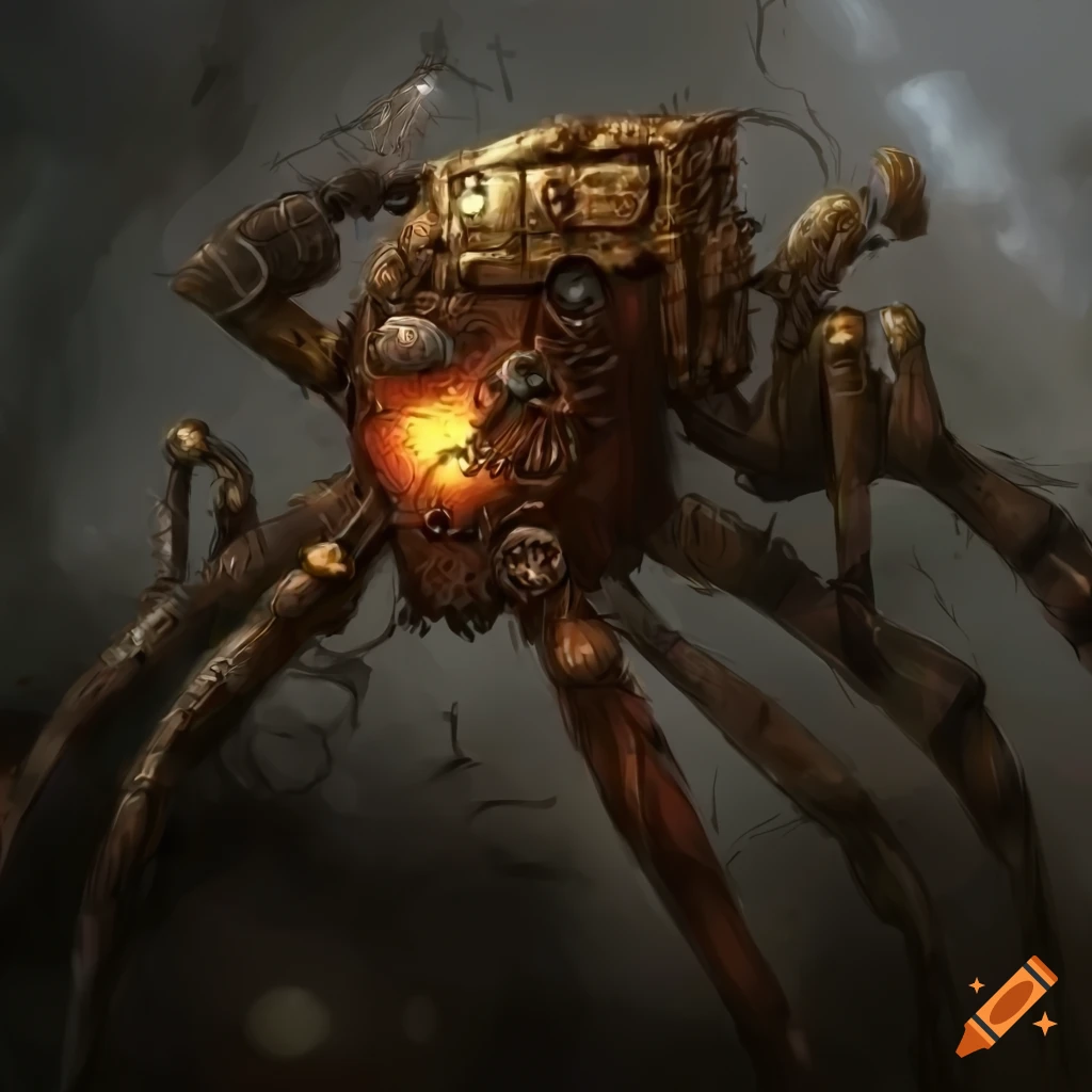 Steampunk spider repairing itself on a battlefield, fantasy art