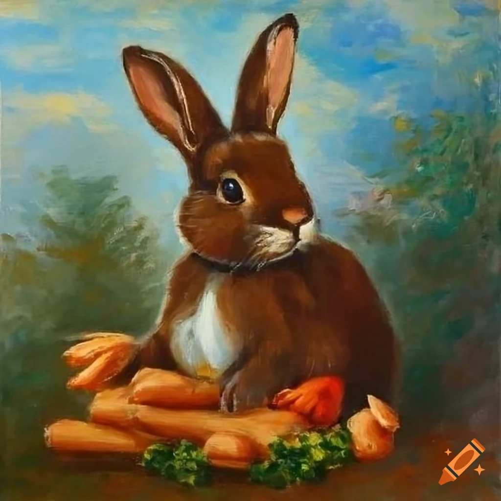 Classic painting of 2 brown rabbits with white spots wearing overalls ...