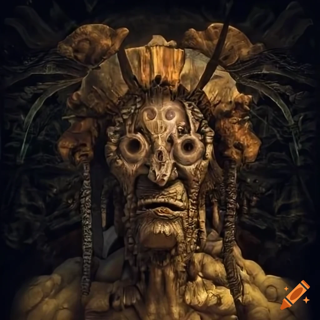 Ancient sculpure of witch doctor looking at viewer from dense jungle ...