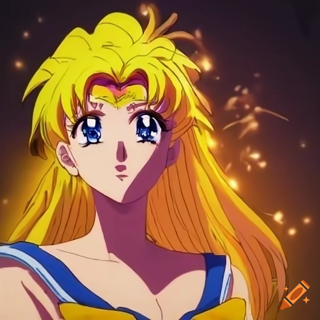 Sailor Venus, from Sailor Moon, with yellow SSJ hair and a orange glowing aura, high quality on ...